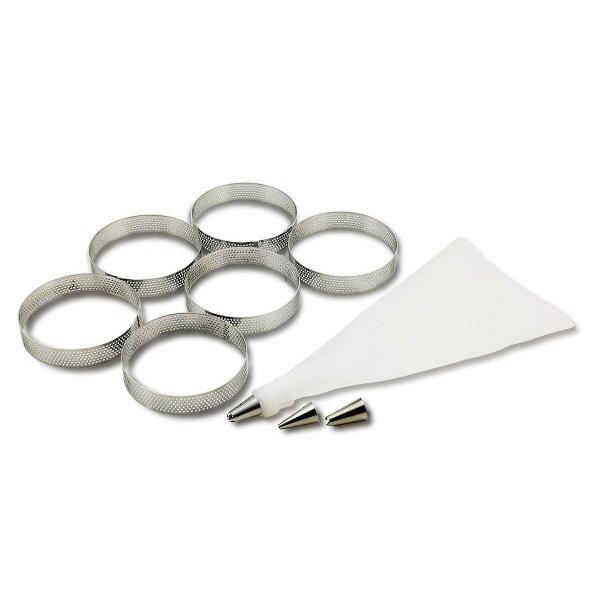 NewlineNYステンレス鋼フレンチペストリータルトリングベーキングキット-6つの穴あき丸型デザートリング+3つのノズル+1つのサンプル装飾絞り袋キット商品コード：55077556801型番：Tart-Ring-Kit-6+3+1サイズ：...
