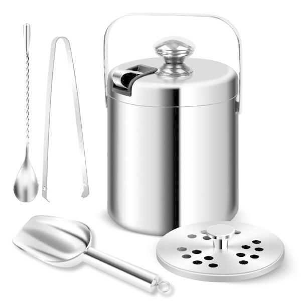 TOSELBAI アイスペール  二重壁真空断熱 厚手304ステンレス鋼 シリコン密封リング付きアイスバケット 豪華ギフトセット (4つの部品, 1.3L)商品コード：55077562849型番：04サイズ：1.3Lカラー：シルバー【日本ス...