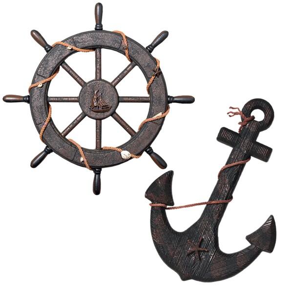 sac taske 海賊 オブジェ 舵 ＆ 碇 木製 かじ いかり 舵輪 船舵 錨 アンティーク (縄タイプ)商品コード：55077579586サイズ：12.52 x 18.11 inchesカラー：ダークブラウン舵、碇オブジェセットは、ナ...