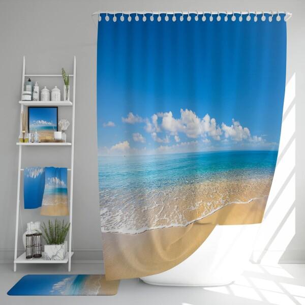 U-SITU シャワーカーテン お風呂 浴室カーテン 防水加工 防カビ 着替え所の目隠し おしゃれ ビーチ 青空 海浜 青海 夏 風景 景色 速乾 雰囲気転換（丈150 x 幅120 cm）YL0098XXS商品コード：5507758316...