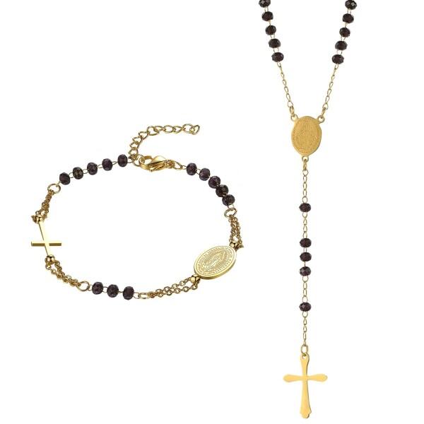 (Aroncent) クロス 十字架 ブレスレット ネックレス セット: ビーズ パール 数珠 念珠 チェーン レトロ アンティーク風 シンプル オシャレ ブラック シルバー - 聖母マリア キリスト教 アクセサリー商品コード：550776...