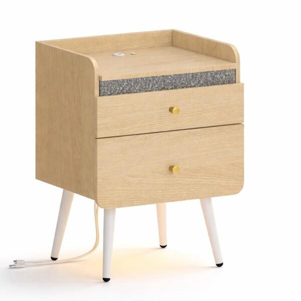 Pinmoco ベッドサイドテーブル 引き出し付き ナイトテーブル 幅40×奥行30×高さ64cm USB-A&amp;USB-Cポート付き LEDライト付き おしゃれ サイドテーブル ベッド横 ソファ横 転倒防止 木製 ナチュラル商品コー...