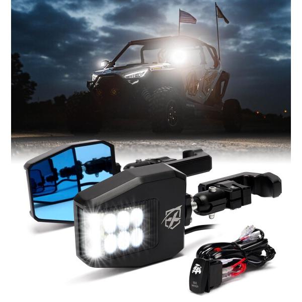 Xprite UTV Side View Mirrors Aluminium w/LED Spot Light Smoke Lens Compatible with 1.75"-2" Roll Cage Bar for Pioneer Po...