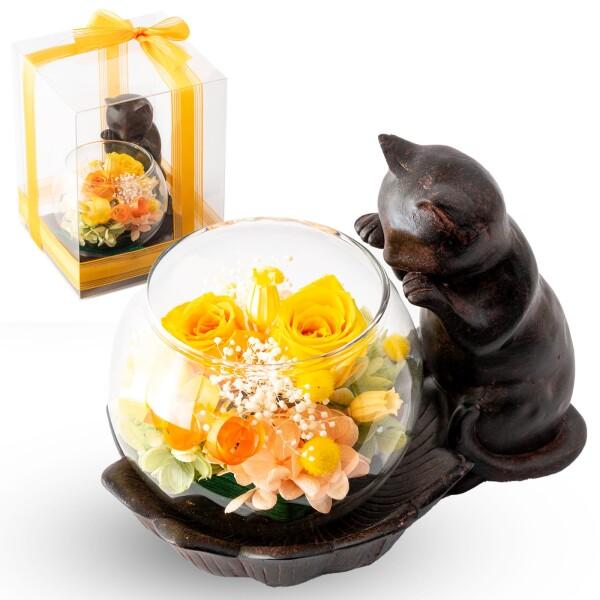 Utihana プリザーブドフラワー 母の日 猫 バラ 誕生日プレゼント お祝い 退職祝い 猫モチーフ 古希 喜寿 (猫が好き イエローオレンジ)商品コード：55077772556型番：u-009サイズ：小カラー：猫が好き イエローオレンジ...