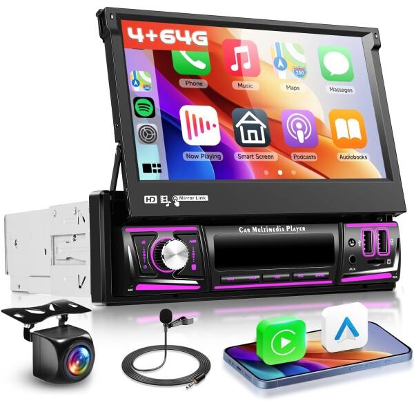 4G 64G 1Din Android カーステレオCarplay, Hodozzy ワイヤレスCarplay＆Android Auto対応、7インチフリップアウトタッチスクリーンGPSナビ、1 Din オーディオBluetooth 5.0...
