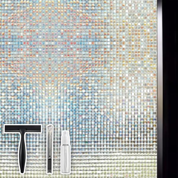 Qualsen 窓ガラス目隠しフィルム 目隠しシート 窓用フィル ガラスフィルム ステンドグラス シール 断熱 紫外線UVカット 台風対策 飛散防止 無接着剤 水で貼るモザイク 小さな正方形 (60cm x 200cm)商品コード：5507...