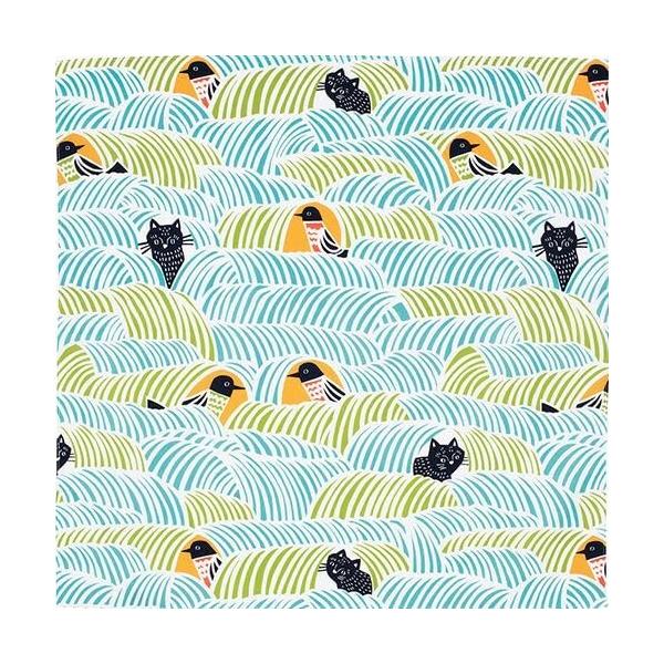 むす美ギフト 70cm 風呂敷 - kata kata むすび (型絵染アーティスト kata kata × MUSUBI) - ＆ ふろしきパッチン セット ボックス入 kata kata むすび ねこととり グリーン ＆ ふろしきパッチ...