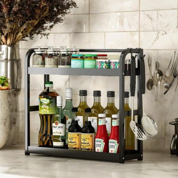 調味料ラック 2段収納ラック大容量 キッチンラック 階段設計のキッチンテーブル棚 スパイスホルダー 台所収納ラック 省スペース 防水で清潔にしやすい 卓上整理 (2段-幅40×奥行14×高さ42cm)商品コード：55077900470型番：...