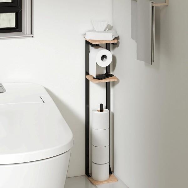 Druviaトイレットペーパーホルダー スタンド型 予備収納付き トイレ収納ラック 防水木製天板 金属フレーム スリムデザイン 幅15cm×高さ80cm ナチュラル 組立式商品コード：55077902634型番：DR-JP-0004Xサイズ...