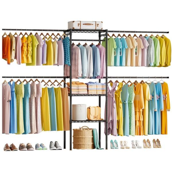 「Humrriet」パイプハンガー 伸縮式衣類収納ラック 洋服かけラック 洋服ハンガー ワードローブ 5本ロッド 3段棚付き 調整可能 頑丈 大容量 省スペース ブラック商品コード：55078005775型番：JD-6037180-3B-J...