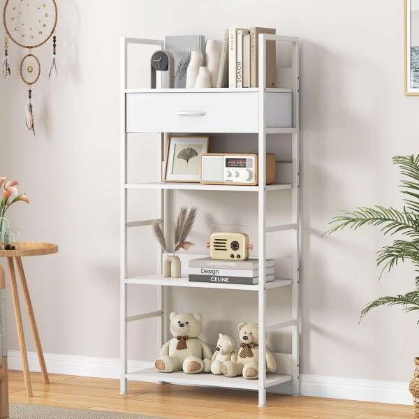 LunarLight オープンシェルフラック 幅60奥行き30高さ136cm 4段ラック 収納棚 引き出し付き・位置調節可能 アジャスター・フェルト付き 本棚 整理棚 収納ラック 省スペース スリム おしゃれ 組立簡単 工具不要 耐震転倒防...