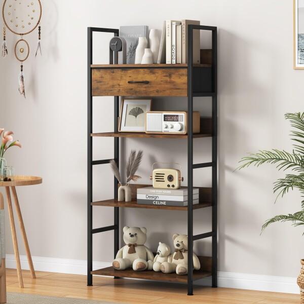 LunarLight オープンシェルフラック 幅60奥行き30高さ136cm 4段ラック 収納棚 引き出し付き・位置調節可能 アジャスター・フェルト付き 本棚 整理棚 収納ラック 省スペース スリム おしゃれ 組立簡単 工具不要 耐震転倒防...