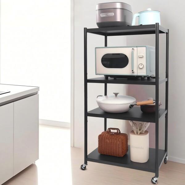 Roweida 4段棚ラック 丸管シェルフ キャスター付き収納ラック オープンシェルフ 倉庫 ガレージ メタルラック スチールラック本体 多功能キッチンワゴン 高さ調整可能 長さ60×幅38×高さ121 ブラック商品コード：55078006...
