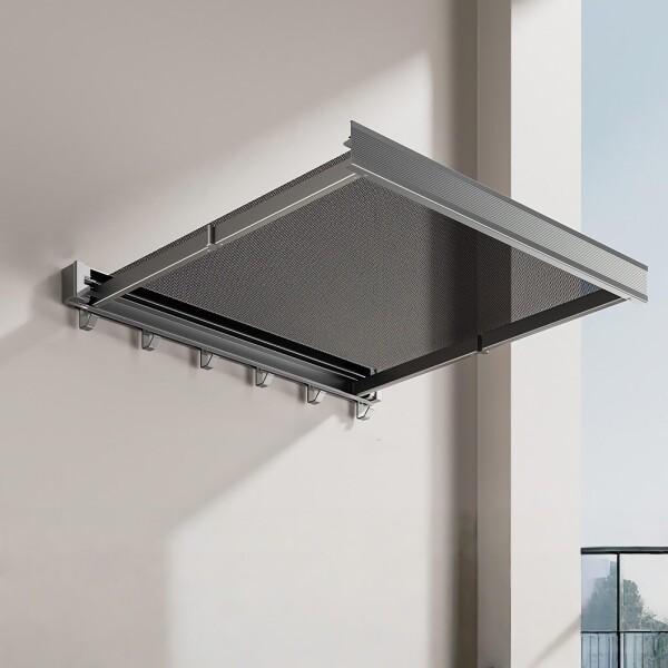 伸縮式 ベランダラック 壁掛け式 物干しラック 折りたたみ乾燥ネット フック付き 穴なし設置 アルミニウム製 高耐荷重 通気性 コンパクト収納 ベランダ/室内用 寝室・浴室・玄関 (グレー, 長さ44cm-6フック)商品コード：550780...