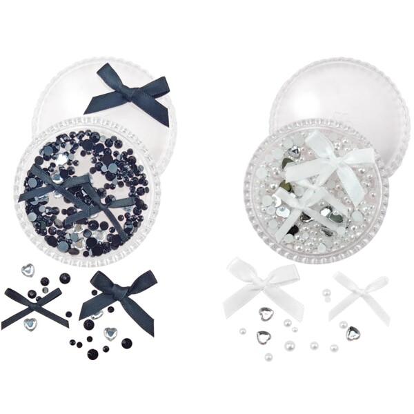 Seiunn ラインストーン メイクパーツ  ネイルデコパーツ 顔面デコ 3D キラキラ かわいい メイクアップ用 携帯電話装飾 DIY用品 手芸用品 蝶結びのリボン ハート パール 丸形のダイヤモンド 収納ボックス付き (ホワイト+ブラッ...