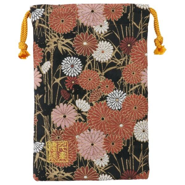 千糸繍院 西陣織 金襴 巾着袋（裏地付き） 黒紅笹菊 中サイズ商品コード：55078149291型番：SSKF-203M京都・西陣織の金襴生地で仕上げた当店オリジナルの巾着袋(裏地付き)です。前面左下に当店ロゴ古印文字の刺繍を施しており、職...