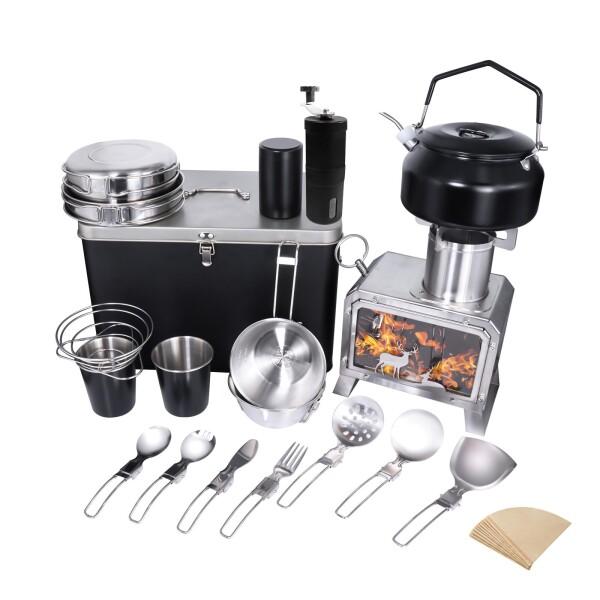 アウトドアキャンプコーヒーマシンセット、炊事道具セット、薪ストーブ付き (Black Pot)商品コード：55078150231型番：コーヒーマシンセットカラー：Black Potハイキングもキャンプもピクニックも、いつでもどこでもカフェタ...