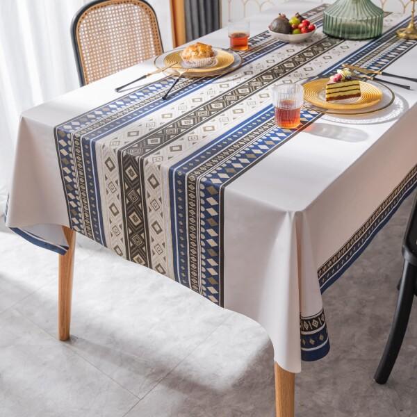 Hopeholic テーブルクロス ビニール おしゃれ テーブルカバー 撥水 PVC製 長方形 tablecloth 汚れ防止 防水 防油 北欧 テーブルマット 耐久 耐熱 ずれにくい 厚手 90×150cm ホワイト・ブルー商品コード：5...
