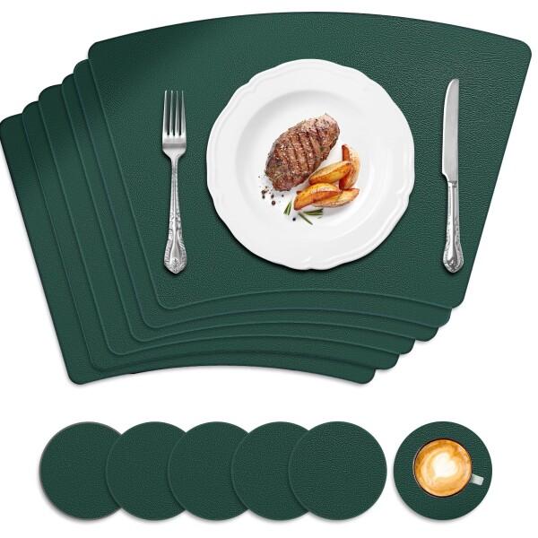 6枚ランチョンマットとコースターセット高質PVCレザー 和風 ト おしゃれ 華やか 飾り 清潔しやすい 丸洗いOK 撥水 防汚 断熱 滑り止め 大人 子供 対応 家庭 レストラン 用 屋外用（47cm×33cm、6枚セット, 濃い緑色の扇形...