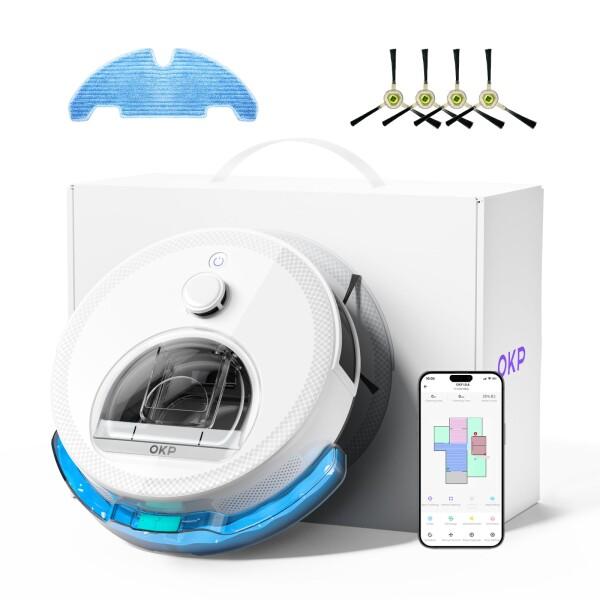 OKP Life ロボット掃除機 L6 Aqua (2-in-1 吸引・水拭き両用お掃除ロボット/LiDARナビゲーション/9.5cm超小型/6000Pa 強力吸引/静音設計 遠隔操作 自動充電 落下防止/2.4G&amp;5GWi-Fi ...