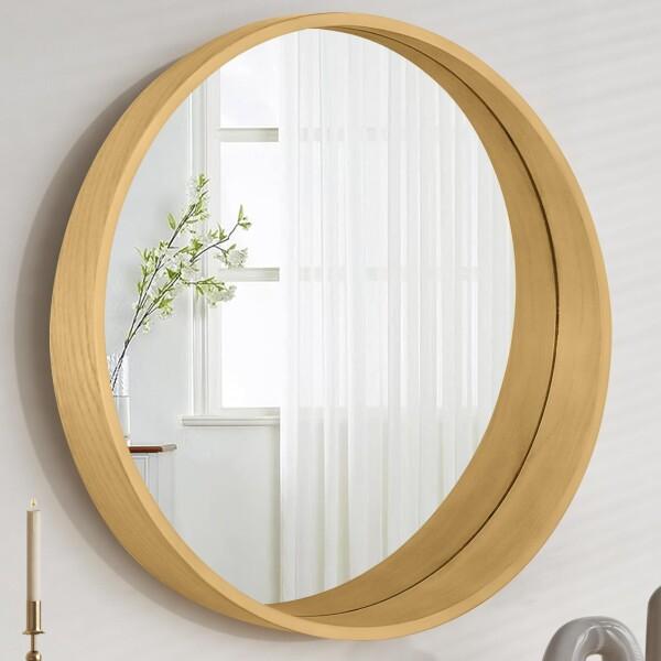 Browgrow 壁掛けミラー 壁掛け鏡 木製 鏡 丸型鏡 ウォールミラー 天然木フレーム 丸鏡 円形ミラー 飛散防止 洗面 玄関 化粧 (ナチュラル、直径30cm)商品コード：55078166658型番：MZJ-WO-30-XBサイズ：3...