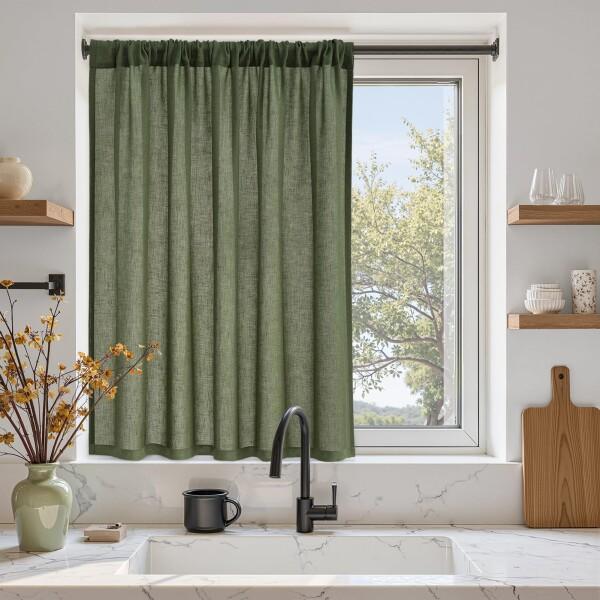 Topfinel カフェカーテン レース リネン風 カーテン レース 小窓 60cm丈 オリーブグリーン 1枚 透けない 外から見えにくい 目隠し 半遮光 断熱 UVカット 通気 洗える キッチン リビング トイレ 玄関商品コード：5507...