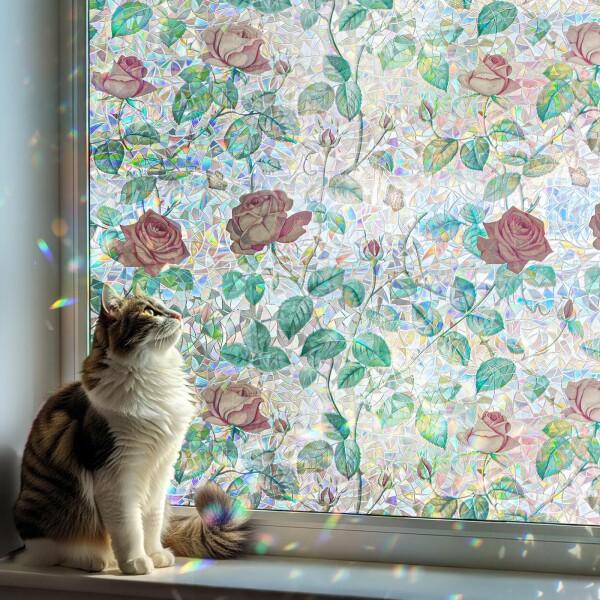 DARUITE ステンドグラス シール風の窓ガラス目隠しフィルム ピンクのバラと虹色効果 UVカット 断熱 飛散防止自宅 店舗 オフィスの装飾やプライバシー保護に最適な目隠しシート薔薇 (90 x 200 cm)商品コード：55078694...