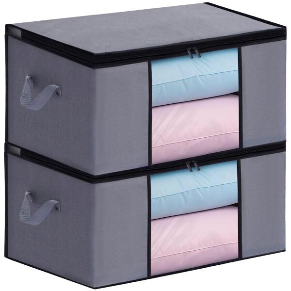 【発売日：2025年07月20日】Boic 衣類収納ケース 毛布 布団収納袋 収納ケース ふとん収納袋 不織布 大容量 90L 2個組 60*43*35cm 洋服収納ボックス 防塵 持ち手収納袋 透明窓付き收?袋、グレー商品コード：5507...