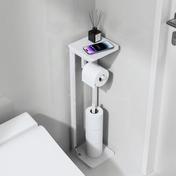 Druviaトイレットペーパーホルダー スタンド型 予備収納付き トイレ収納ラック 防水木製天板 金属フレーム スリムデザイン 幅15cm×高さ60cm ホワイト 組立式商品コード：55078698910型番：DR-JP-0003Wサイズ：...