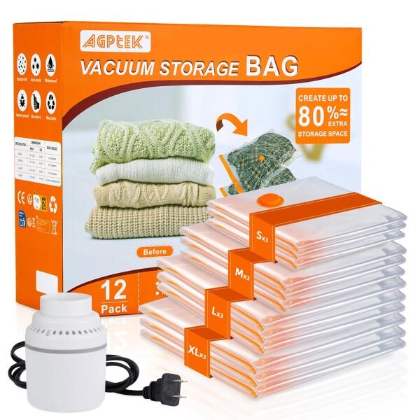 圧縮袋 AGPTEK 布団圧縮袋 衣類圧縮袋（S/M/L/XL 12枚セット 電動ポンプ付き）真空パック 掃除機対応 ふとん収納袋 PA+PE材質 防湿 防塵 防カビ 防虫 ダニ対策 毛布収納可 引越し 旅行 出張 梅雨季節 着替え 敷布団...