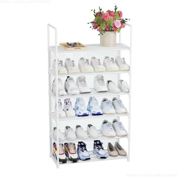 ZENTOU 6段ワイド 白  シューズラック スリム 狭い玄関対応 玄関収納 大容量16~18足 おしゃれ 白棚 靴箱 下駄箱対応 組立簡単 壁面保護 防汚 防水 半透明PPシート付 幅60×奥行28×高さ105cm商品コード：55078...