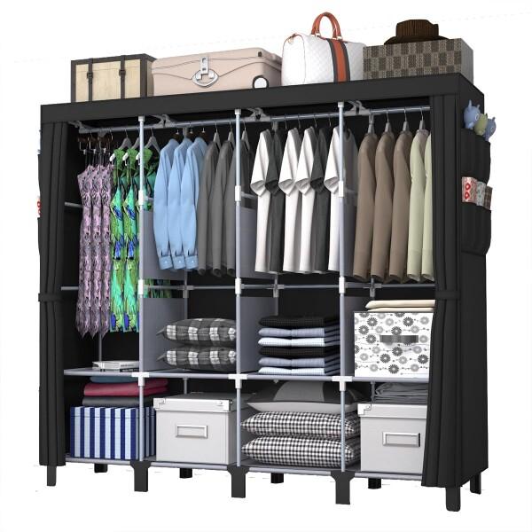 衣装庫、ジッパー付きポータブル衣装庫。ポータブル衣装庫は衣服を吊るすために使用し、4 本の吊り棒と収納キャビネットを備え、広く大容量の収納スペースを有しています簡易クローゼット、は幅170 cm、奥行き45 cm、高さ172 cmで (Bl...