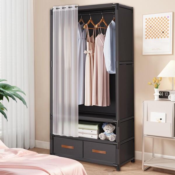 Xozilo ワードローブ 簡易ポータブル組立クローゼット カバー付き ドアカーテン付き 多機能 ハンガーラック 不織布クローゼット 防水 防塵 耐用 幅 71× 奥行き 45× 高さ 165.5 センチ（ブラック）日本語取扱説明書商品コー...