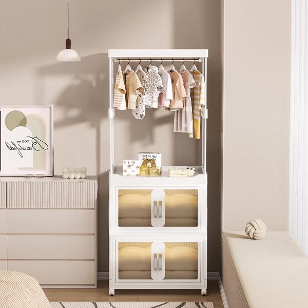 ハンガーラック キャスター付き 収納付き ワードローブ トローリーハンガー 衣装衣類洋服ラック 収納 ボックス と 引き出し 寝室用 収納 キャビネット 移動式 洋服 レール 長さ64cm 幅 42cm 高さ 179cm商品コード：5507...