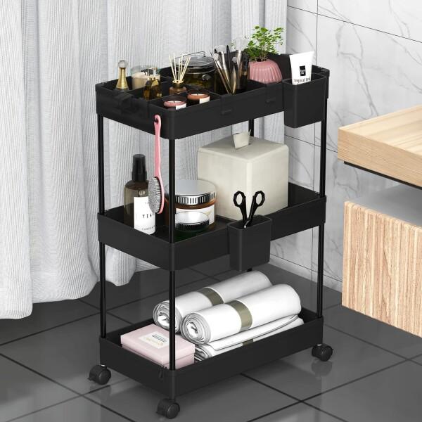 SPACEKEEPER キッチンワゴン 隙間収納 スリム 22cm 収納カップ 仕切板付き 多機能 小物 食品 調味料 キャスター付き 組立簡単 浴室 台所 冷蔵庫横 3段 ブラック商品コード：55078819439型番：SPKSCN302...