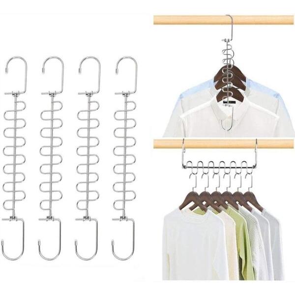4本組 縦横両用 12連 省スペース ハンガー ステンレス製 洗濯 ハンガーフック クロゼット収納商品コード：55078910095型番：XJA040サイズ：小型カラー：シルバー【縦横両用】360度回転フックを使用し、竿やラックにつけて横置...