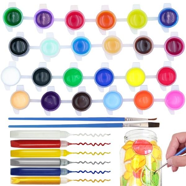 FUNSHOWCASE ガラスペイントセット 透明色・不透明色 24色+ライナー6色+筆4本付き ステンドグラス風 アウトライナー 塗料 ガラス 絵具 絵の具 えのぐ ガラス絵の具 耐水 ハンドメイド 初心者 プロ商品コード：5507924...