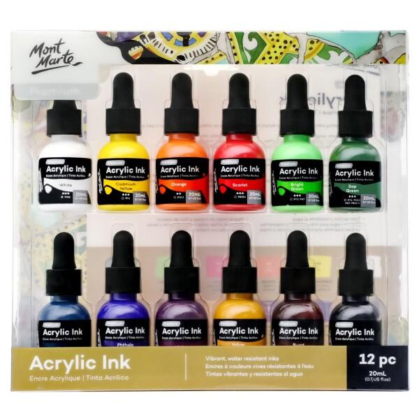 Mont Marte アクリルインク12本x 20 ml 芸術家用 基本色、細かいディテールと水洗した色に使用され、エアブラシ、流れ塗装、スクラップ画、水墨画、混合媒体に非常に適している商品コード：55079249573型番：PMNK000...