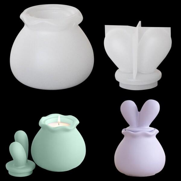 Voyyphixa シリコンモールド 収納ケース 小物入れ 兎耳 3D立体 キャンドルホルダー 植木鉢 DIY 手作り ハンドメイド エポキシ樹脂 レジン液 抜き型 収納用 プレゼント 装飾 置物 (兎耳)商品コード：55079250607...