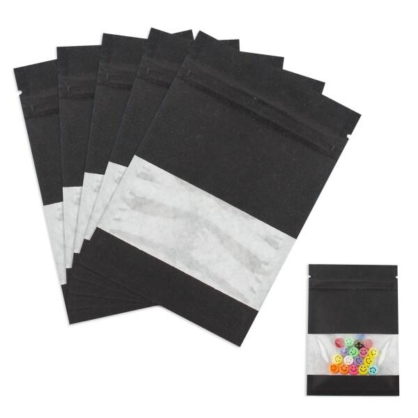 LUCKYBEE 100枚入 クラフト紙 包装袋 チャック袋 透明窓 包装バッグ ヒートシール チャック DIY ティー ナッツ 小型 菓子袋 小物 手作り 保管袋 再封可能 (7*9cm, ブラック)商品コード：55079259558サイ...