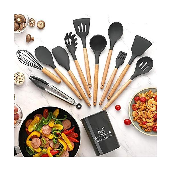 Gugrida 12点 簡易食品級シリコーンとブナ材の調理器具セット ステンレス製のフック 10 個付き (ダークグレー)商品コード：55079287606型番：Gugrida-Unified-Seriesサイズ：31.5×7 cm, 31...