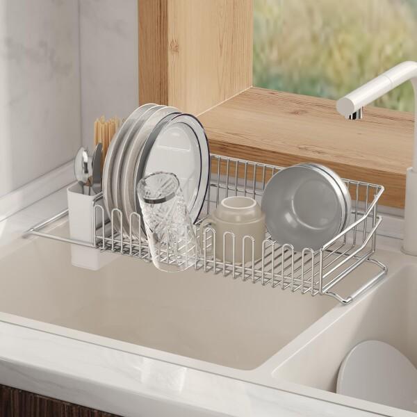 水切りラック 304ステンレス 食器置き 伸縮（35〜48.5cm調整可能)）水切りかご シンク上 キッチン 洗い物 台所 皿立て 食器乾燥ラック 流し台 ラック 箸立て付き VOLPONE商品コード：55079326511型番：VOLPO...