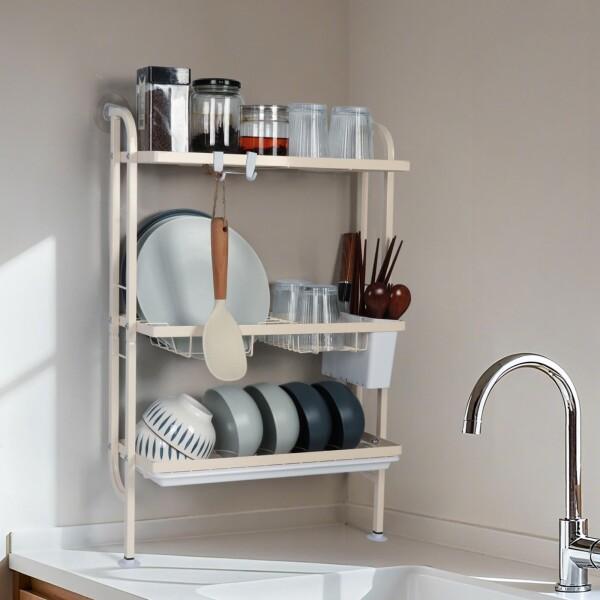 HOMEOUN 水切りラック シンク上 スリム 幅15.5cm 壁掛け 3段式 大容量 吸盤×強力テープ加固 洗い物ラック＆調味料ラック 両用 防錆 食器 水切り 一人暮らし 食器置き 箸立て付き 狭いキッチン対応15.5×45×66.5c...