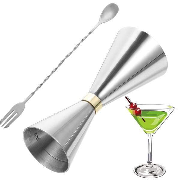 ジガーカップ 目盛り付き 30ml/45ml メジャーカップ ウイスキー 計量用 ステンレス鋼 計量カップ バー用品 バーテンダー エッセンシャル道具 バースプーン付（2点セット ） ?商品コード：55079326903型番：ジガーカップサ...