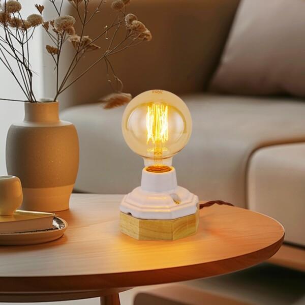 Cerdeco 北欧陶器テーブルライト 1灯式デスクライト シンプルで温かみのあるデザイン 裸電球の存在感を際立たせる テーブルランプベース 六角形 セラミックとウッドベース インテリア照明 ディスプレイ 間接照明 卓上照明 TBL281商...