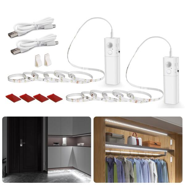 Wobane 人感センサー led テープライト 4m 昼光色「2Mx2本・充電式・人感・明暗センサー・どこでも設置可・工事不要」 diy 自動点灯 階段 賃貸 壁 間接照明 足元灯 フットライト SMD2835 高演色 LEDテープ 2....