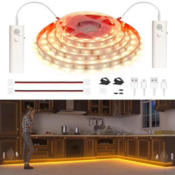 Wobane 人感センサー テープライト 5m 充電式 2200mAh 間接照明 階段 足元灯 diy ledテープ 工事不要 磁石+両面テープ 台所/玄関/夜間 トイレ/廊下/洗面所/ベッド下/クローゼット照明 自動点灯・消灯 省エネ セ...