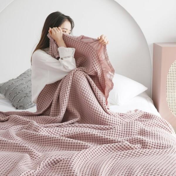 songlibing ワッフルケット フリル付き かわいい クイーン タオルケット 綿100% 冷房対策 ブランケット 毛布 寝具 吸湿 通気性 快適 ワッフル織 カバー キルティング ケット オールシーズン あずき色商品コード：55079...