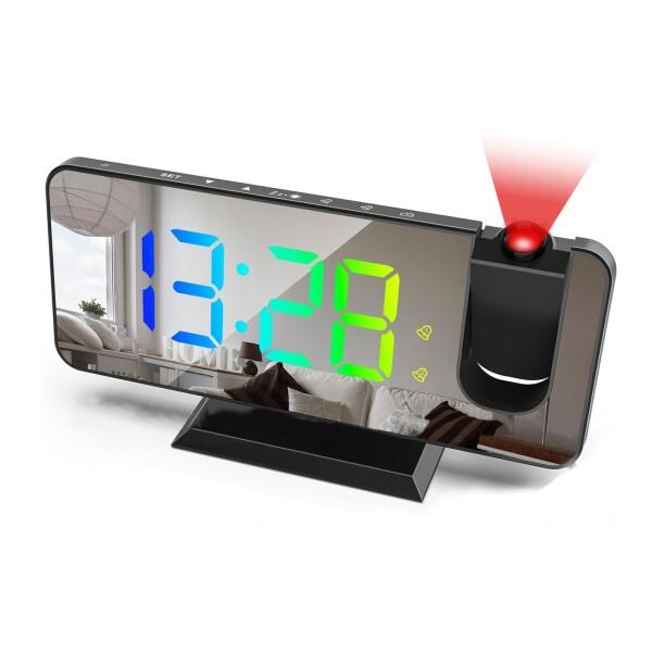 TeamSky デジタルLED時計 デジタル投影クロック 目覚まし時計 多機能時計 温湿度計 ACアダプター付 FMラジオ・アラーム・投影・スヌーズ機能付き 携帯充電可 ミラーとしてもOK 置き時計 設置簡単 LED大画面 輝度調節 USB...
