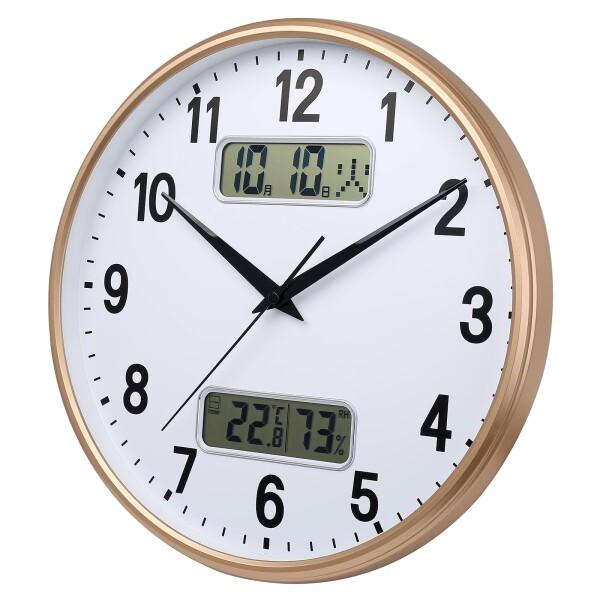 掛け時計 電波時計 静音 続秒針 日付 曜日表示 温度/湿度表示 夜間秒針停止 アナログ自動受信 自宅 寝室 部屋飾り 贈り物 インテリア 大数字 見やすい商品コード：55079441403型番：HZDHCLHサイズ：電波カラー：金【掛け時...